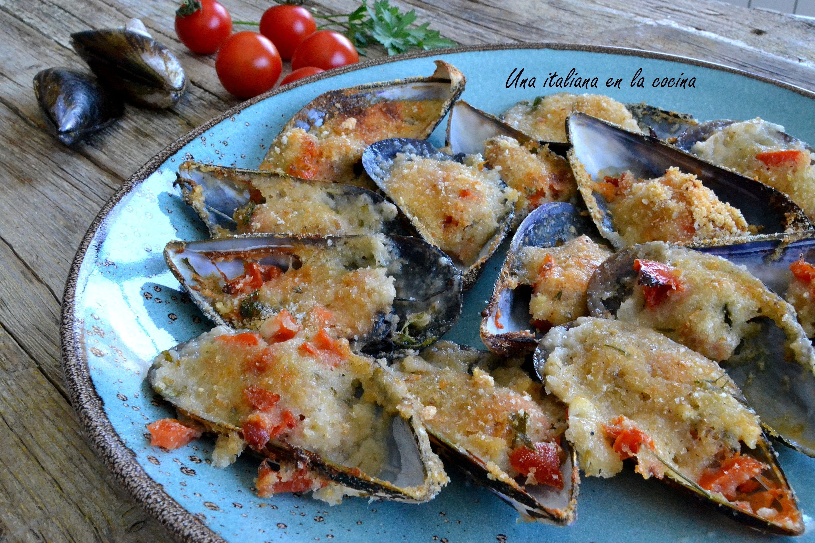 Mejillones gratinados, receta italiana